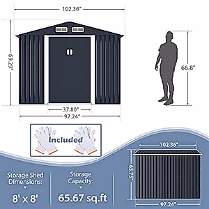 HOGYME Storage Shed 8' x 8' Outdoor Garden Shed Metal Shed Suitable for Storing Garden Tool Lawn Mower Ladder Grey