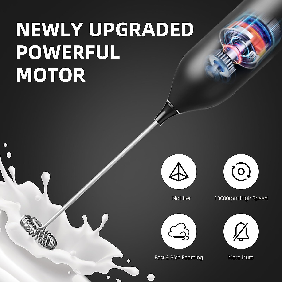 Lamido Milk Frother Handheld with Wall Mounted Stand, Mini Foamer Wand for Lattes, USB Rechargeable Drink Mixer, Electric Hand Whisk, Automatic Stirrers & Coffee Blender - Kitchen Gifts - Black
