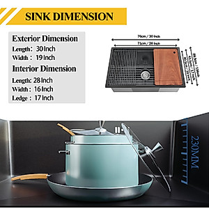 Black Kitchen Sink Workstation, 19x30 Inch Stainless Steel Drop In Single Bowl Bar Sink Nice Modern Kitchen Ledge Sink Gift Combo-SS Grid,Drying Rack,Cutting Board,Utensil Rest And Drain Strainer Set
