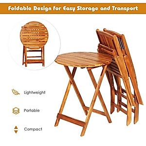 Generic VcJta 3 Piece Folding Acacia Wood Bistro Set with Cushions for Patio Conversations Outdoor Furniture, Wooden, E385022938355