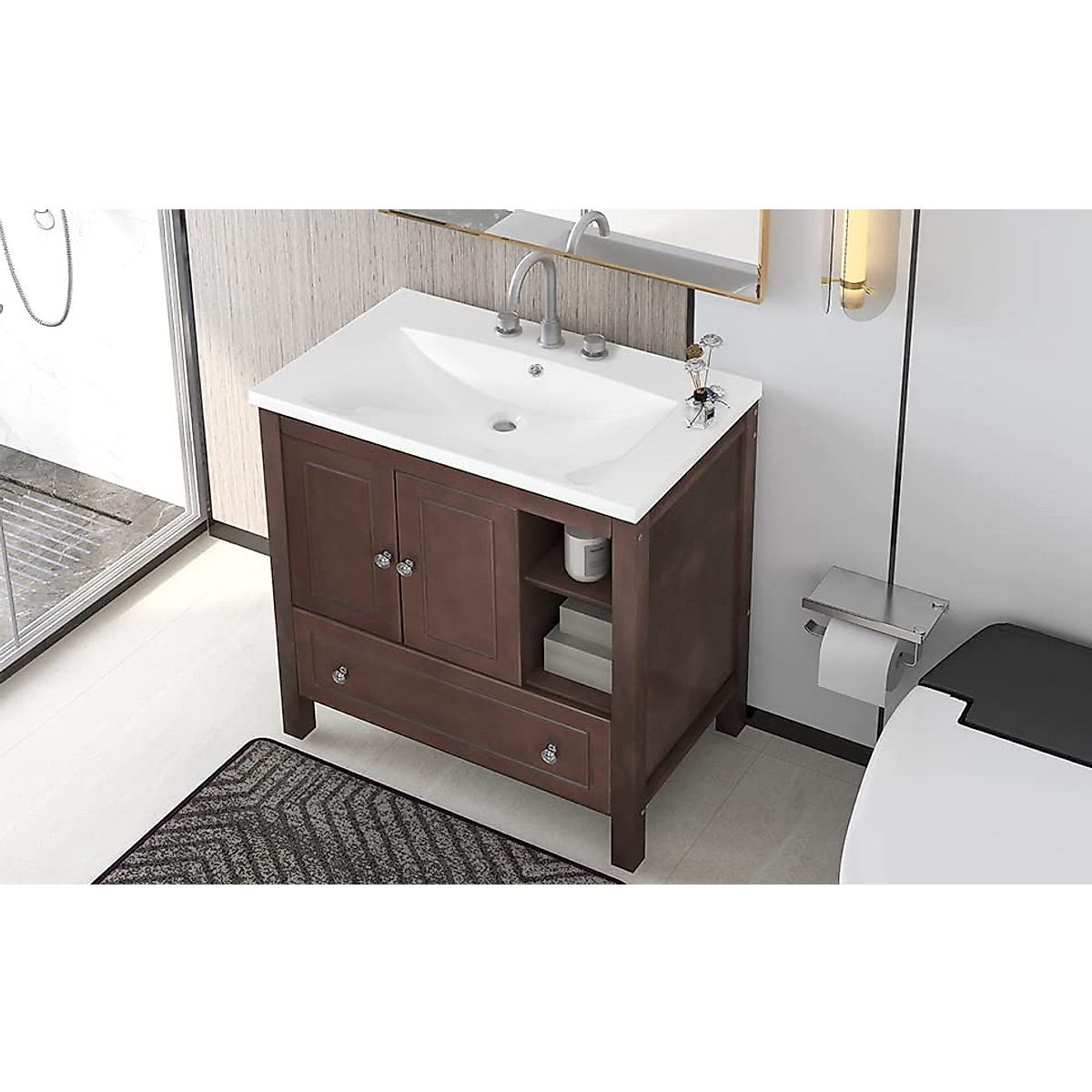SHMAO 30" Bathroom Vanity with Sink Top, Bathroom Vanity Cabinet with Drawers and Doors, Modern Undermount Single Sink Bathroom Cabinet, Wood Bathroom Vanity and Basin Sink Combo for Bathroom - Brown
