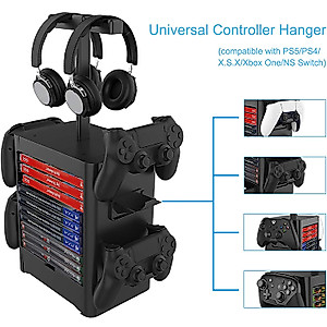 Wedorat Xbox Series X/PS5/Switch Multifunctional Game Disk Storage Tower Holder for PS5 Console, Game Disk Rack and Controller/Headset Stand Holder Compatible with Xbox Series X/Switch/PS5 Black