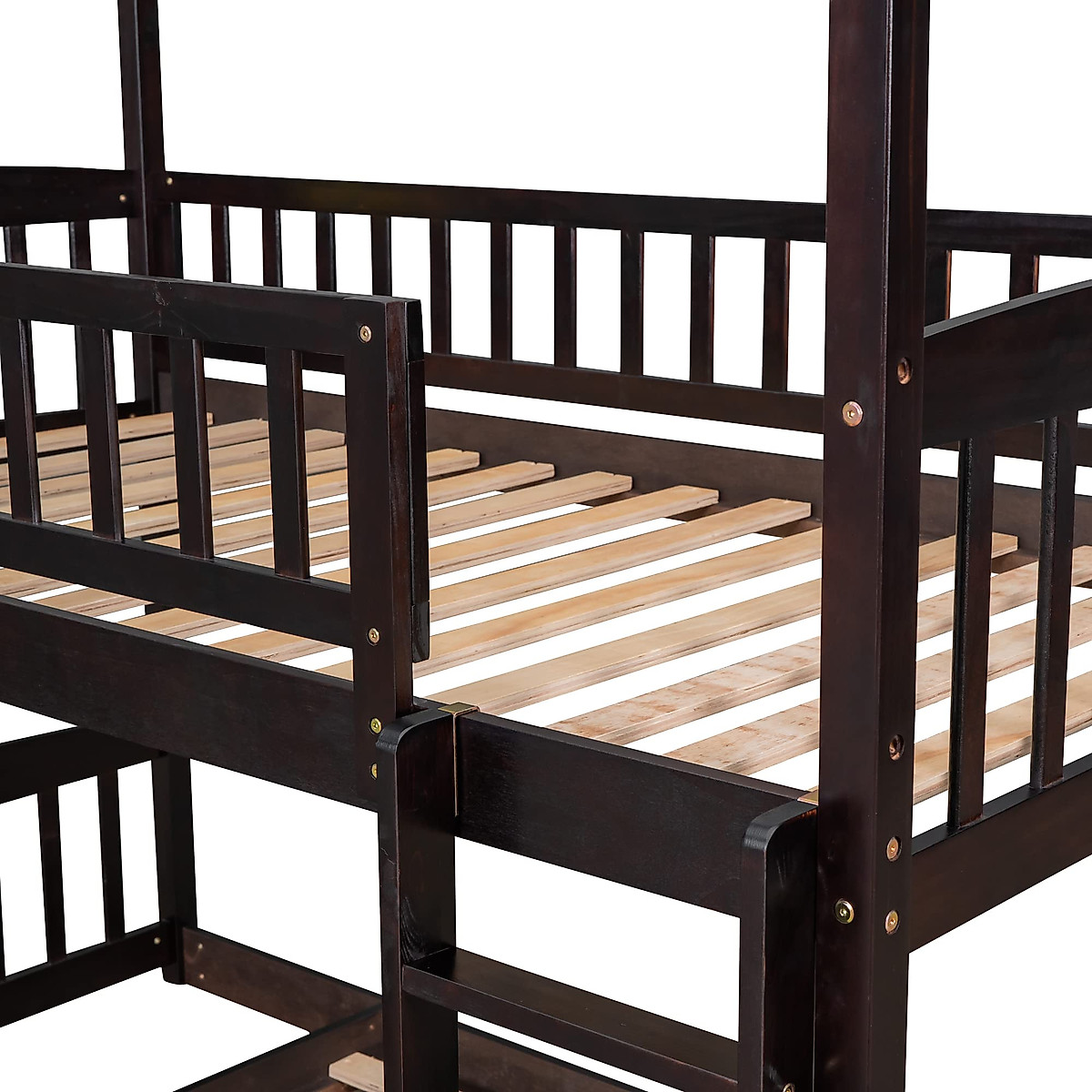 BIADNBZ L-Shaped House Bunk Bed, Twin Over Twin Size Beds with Slide and Roof, Wood Floor Bunkbed Frame, Space-Saving Design, Espresso