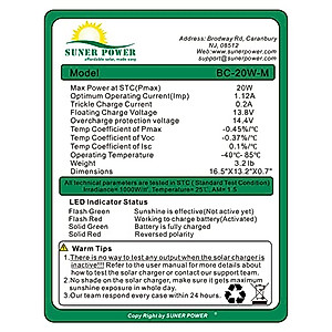 SUNER POWER 12V Solar Battery Charger Maintainer, Waterproof 20W Solar Trickle Charger, High Efficiency Solar Panel Kit, Built-in Intelligent MPPT Controller + Adjustable Bracket + SAE Cable Kits