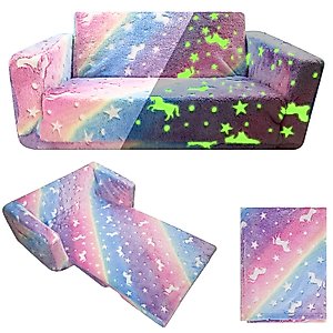 Asou Kids Sofa Toddlers Sofa with Blanket Glow in The Dark Kids Couch Fold Out Toddlers Play Couch 2 Seats Couch for Kids Toddlers