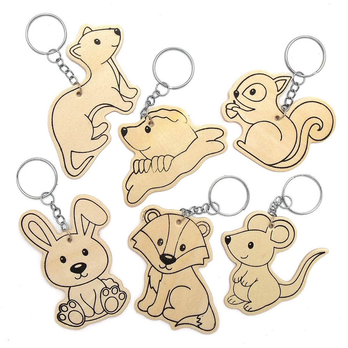 Baker Ross AX182 Woodland Animal Wooden Keyrings - Pack of 10, Color in Woodcraft Kits for Kids Arts and Crafting Activities