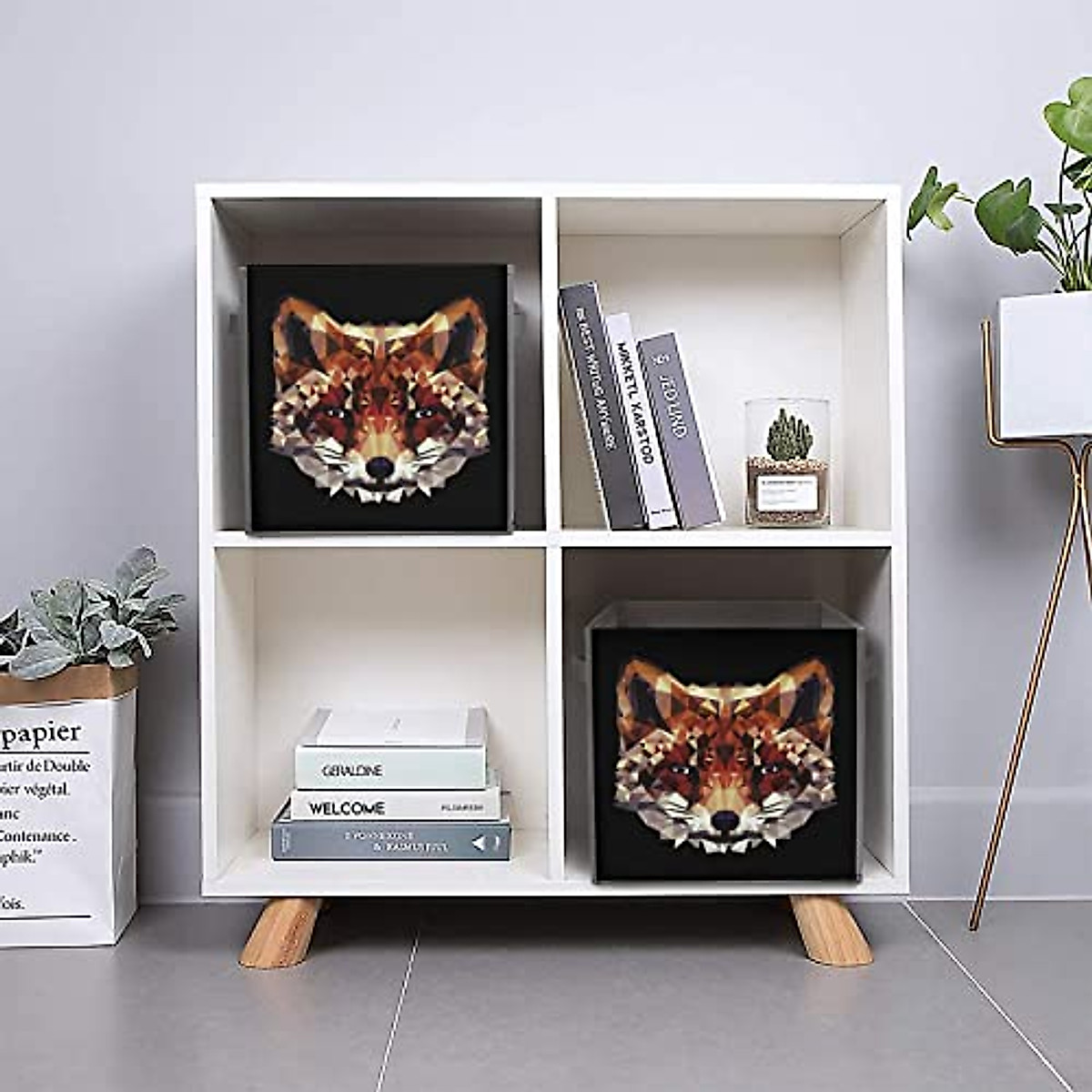 Geometric Fox PU Leather Collapsible Storage Bins Canvas Cube Organizer Basket with Handles