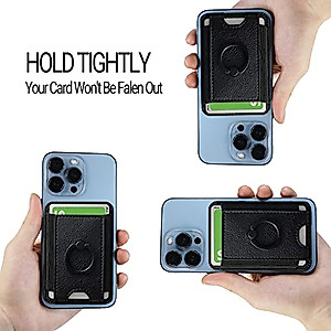 WUOJI Magnetic Card Wallet Holder for Magnetic, Secure Magnetic Card Holder with Phone Grip & Kickstand for Magnetic Leather Wallet for Back of iPhone 14/13 and 12 Series (PU Black)