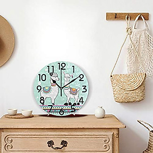 Naanle Trendy Boho Cute Couple Cartoon Llama Round Wall Clock, 9.5 Inch Battery Operated Quartz Analog Quiet Desk Clock for Home,Kitchen,Office,School