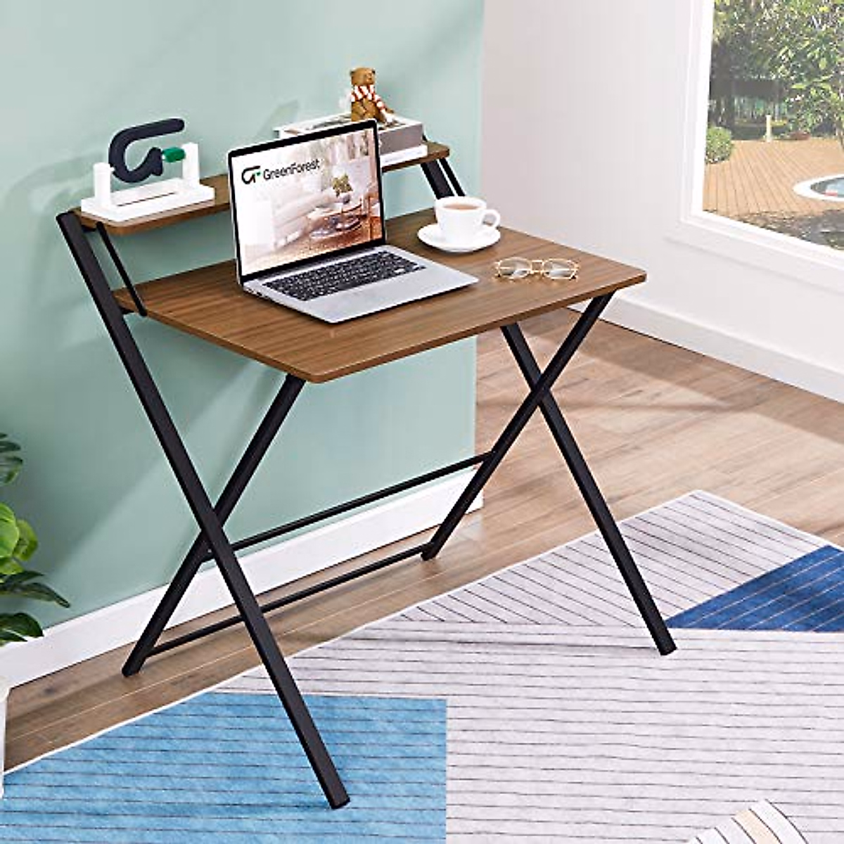 GreenForest Small Folding Desk No Assembly Required, Fully Unfold 27.3 x 22 inch 2-Tier Computer Desk with Shelf Space Saving Foldable Table for Small Spaces, Espresso