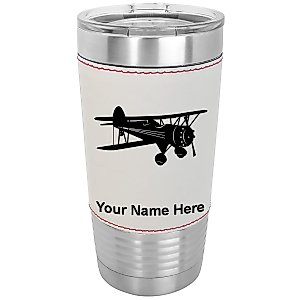 LaserGram 20oz Vacuum Insulated Tumbler Mug, Biplane, Personalized Engraving Included (Faux Leather, Baseball Style)