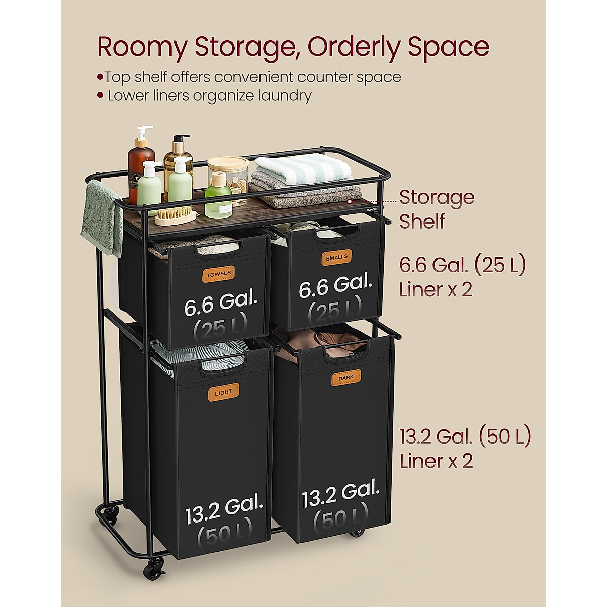 VASAGLE Laundry Sorter, Laundry Basket with Wheels, 39.6 Gal. (150 L) Rolling Laundry Hamper, Portable Laundry Cart with Shelf, 4 Removable Liners and 6 Labels, Ink Black and Chestnut Brown URLS100B01