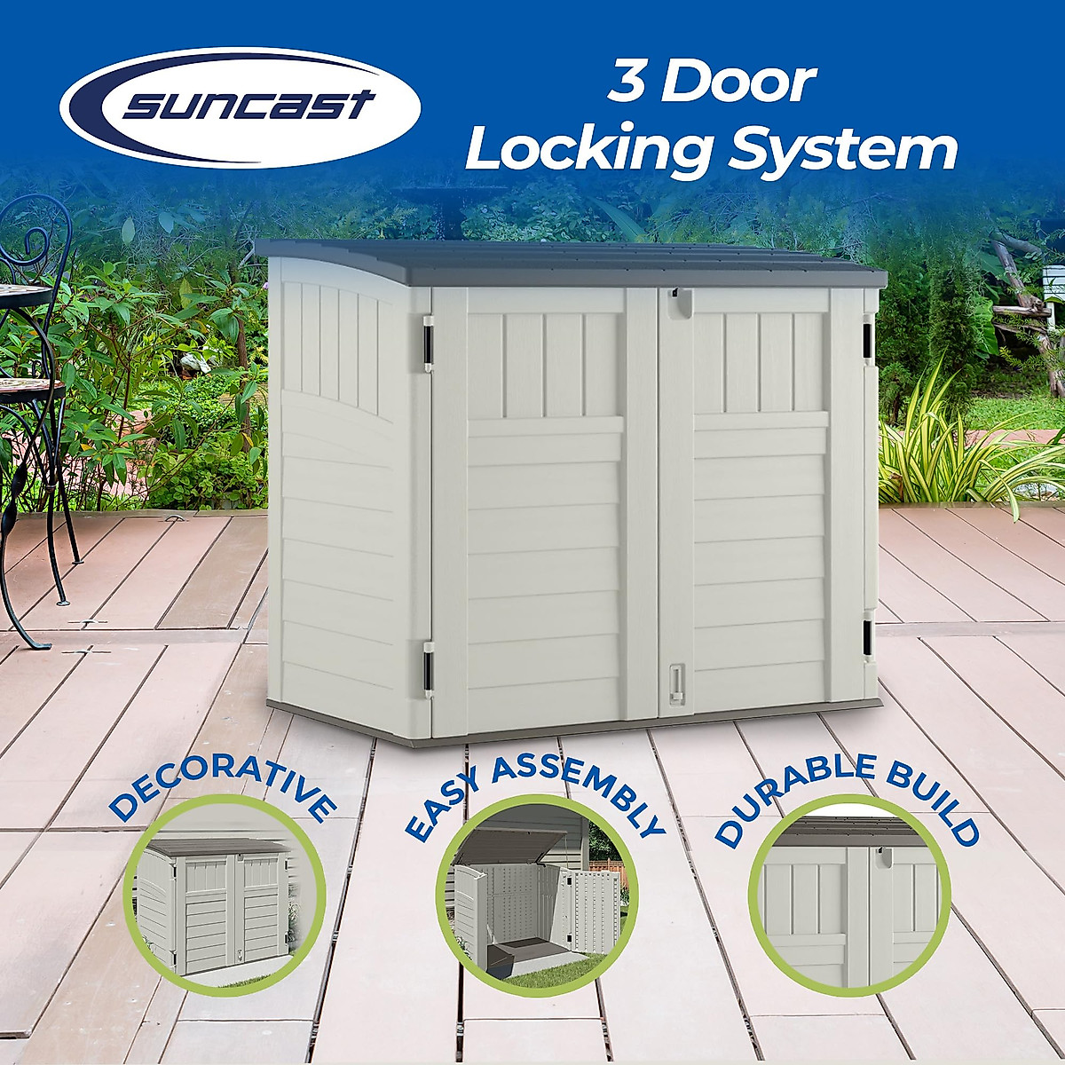 Suncast 3 Door Large Durable Locking System Horizontal Storage Shed Stow Away for Garden, Lawn, Poolside and Backyard, Ivory (3 Pack)