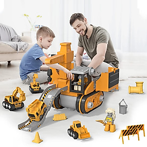 Construction Truck Toys for 3 4 5 6 Years Old Toddlers Kids Boys and Girls, STEM Take Apart Toys Cars with Electric Drill, 4 in 1 Construction Vehicles Crane Excavator Drilling Car Timber Grab Truck
