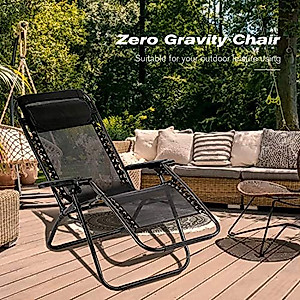 HCB Zero Gravity Chair Patio Folding Lawn Lounge Chairs Outdoor Lounge Gravity Chair Camp Reclining Lounge Chair with Pillows for Vacation (Black)