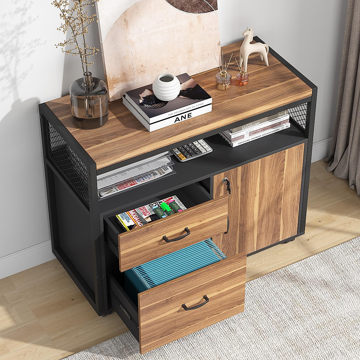 Tribesigns 63" L Shaped Desk with Drawer Cabinet, Executive Computer Desk and lateral File Cabinet, 2 Piece Home Office Furniture with Drawers for Hanging File, Doors with Locks (Brown, 63 inches)