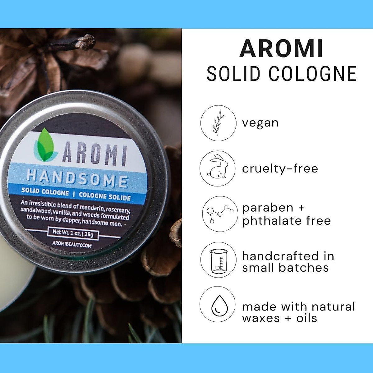 Aromi Solid Cologne | Sweet, Vanilla, Musk Fragrance, Vegan and Cruelty-free Scent, Portable, Travel, Small Gift, Men's Stocking Stuffer, Alcohol-free (Handsome)