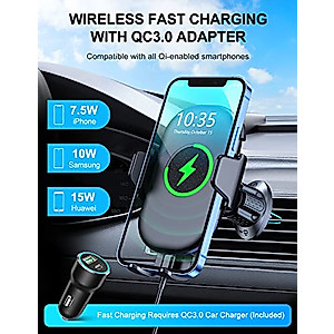 OBRFFE Wireless Car Charger Mount [QC 3.0 Car Charger Included], Max 15W Qi Fast Charging Phone Mount for Car Air Vent Compatible with iPhone 14 13 12 11 Pro Max/XR/XS/X, Galaxy Note 20/S23/S22, etc