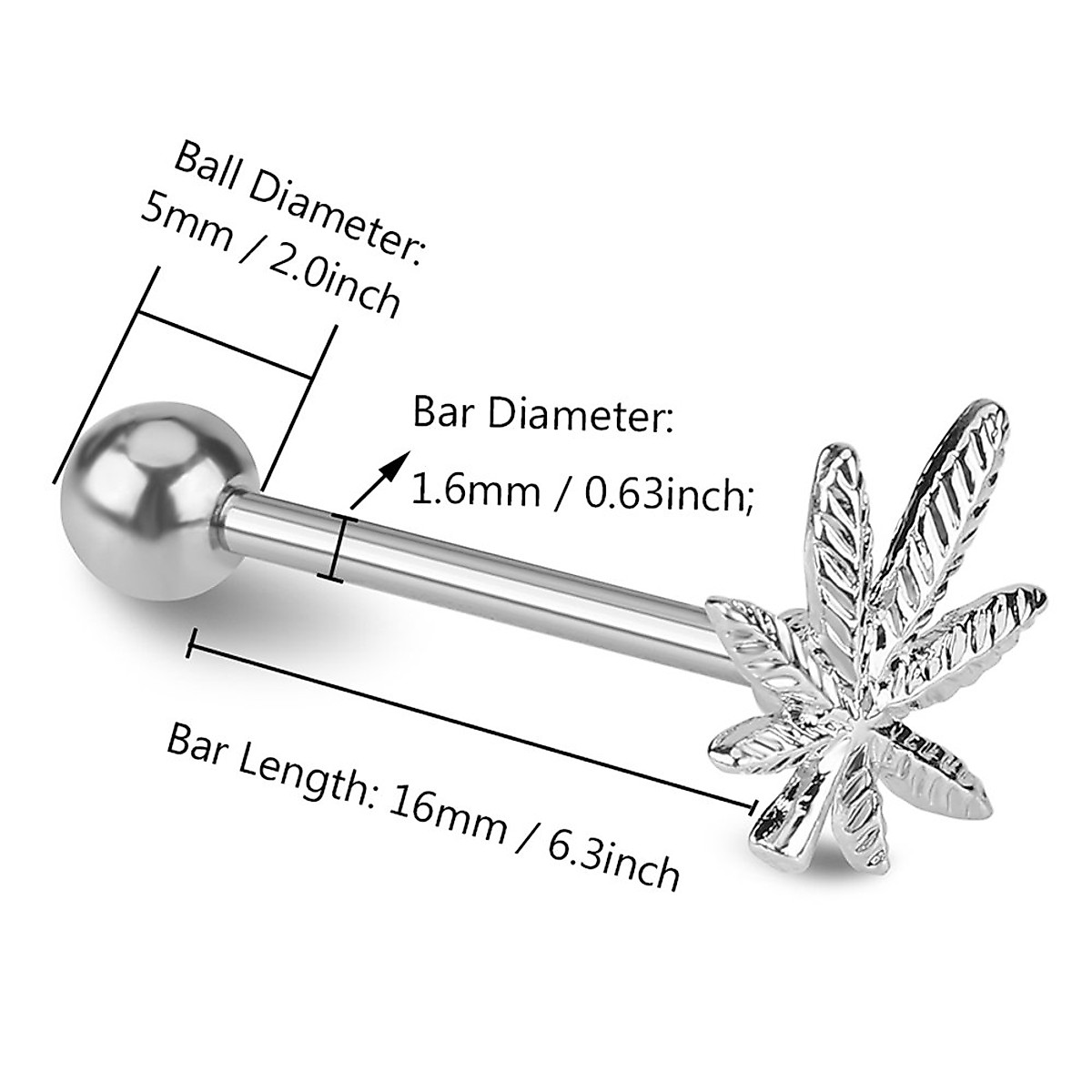 Leaf Shaped Tongue Ring Internally Stainless Steel Threaded Tongue Stud Leaf Tongue Piercing Jewelry