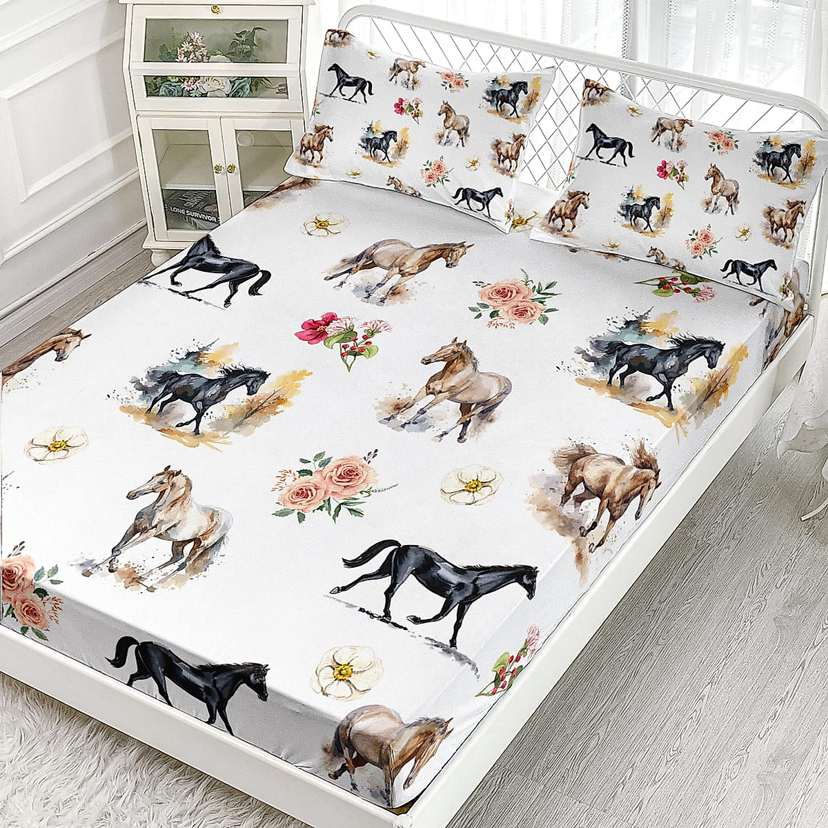 AILONEN 3D Horse Fitted Sheet Set, Galloping Horse with Flowers Bed Sheet Set for Kids Boys Queen Size,Farm Animals Bed Sheet Set,Tie Dye BedSheets Set,3PCS,1 Fitted Sheet and 2 Pillowcases
