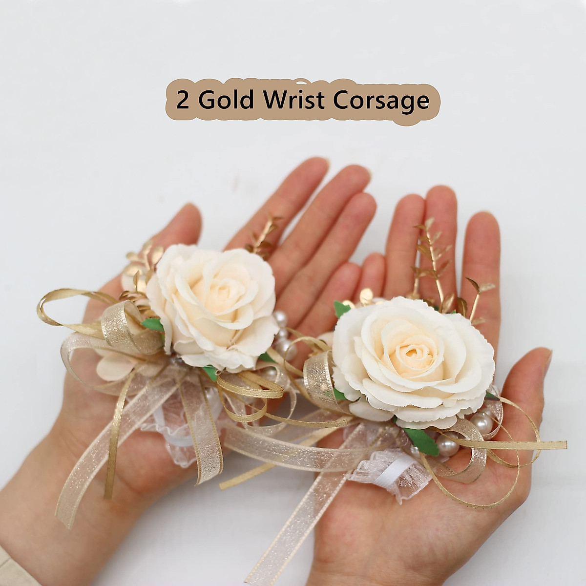 YOKOKE 2 Corsages, Handmade Artificial Peony Rose Wrist Corsage Wristlet Wedding Prom Suit Decorations (2 Gold Wrist Corsage)