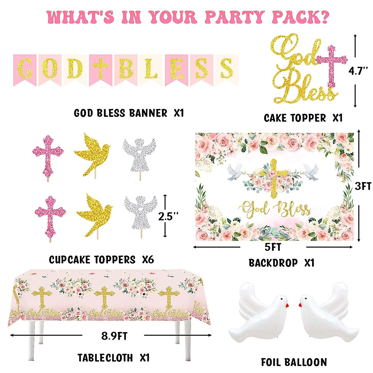 Hombae Baptism Decorations for Girls, Baptism Decorations, First Communion Christening Decorations Party Decorations for Baby Girl, Backdrop Tablecloth Balloon Banner Cake Cupcake Topper 112 PCS