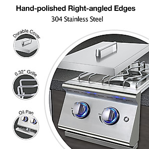 Double Grilling Side Burners for Outdoor Kitchen, 2 * 15,000BTU Liquid Propane Burners, Duty Heavy 304 Stainless Steel, with Natural Gas Kit, Built-in Side Burner for BBQ Island Grill