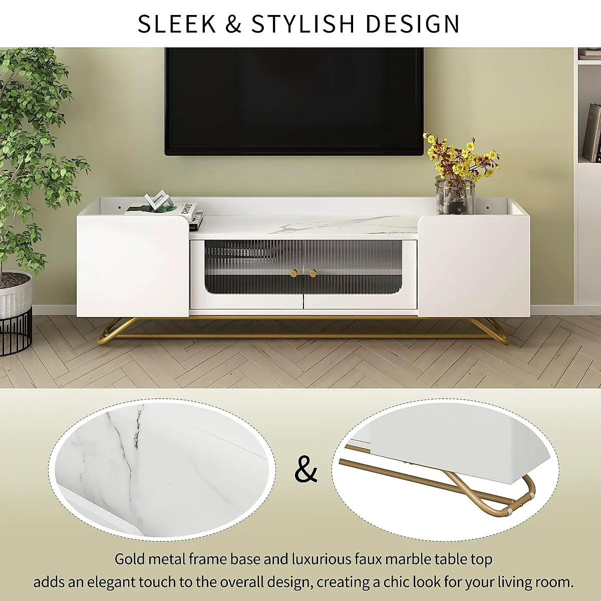 Bellemave Modern TV Stand for 65 Inch TV High Gloss Marble TV Stands for Living Room Large Entertainment Center with Storage Long Media Console with Fluted Glass, White