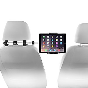 Macally Car Headrest Mount - Road Trip Essentials for Kids - Back Seat Tablet Holder for Car, Compatible with iPad Pro / Air / Mini, Nintendo Switch, Phones with Dual Positions and 360° Rotation