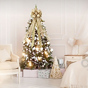 Christmas Tree Topper Bow, 43x13 Inches Large Toppers Bows for Christmas Tree, Glitter Satin Mesh Streamer and Wired Edge, Xmas Ornament Treetop Hanging Decorations & Gift