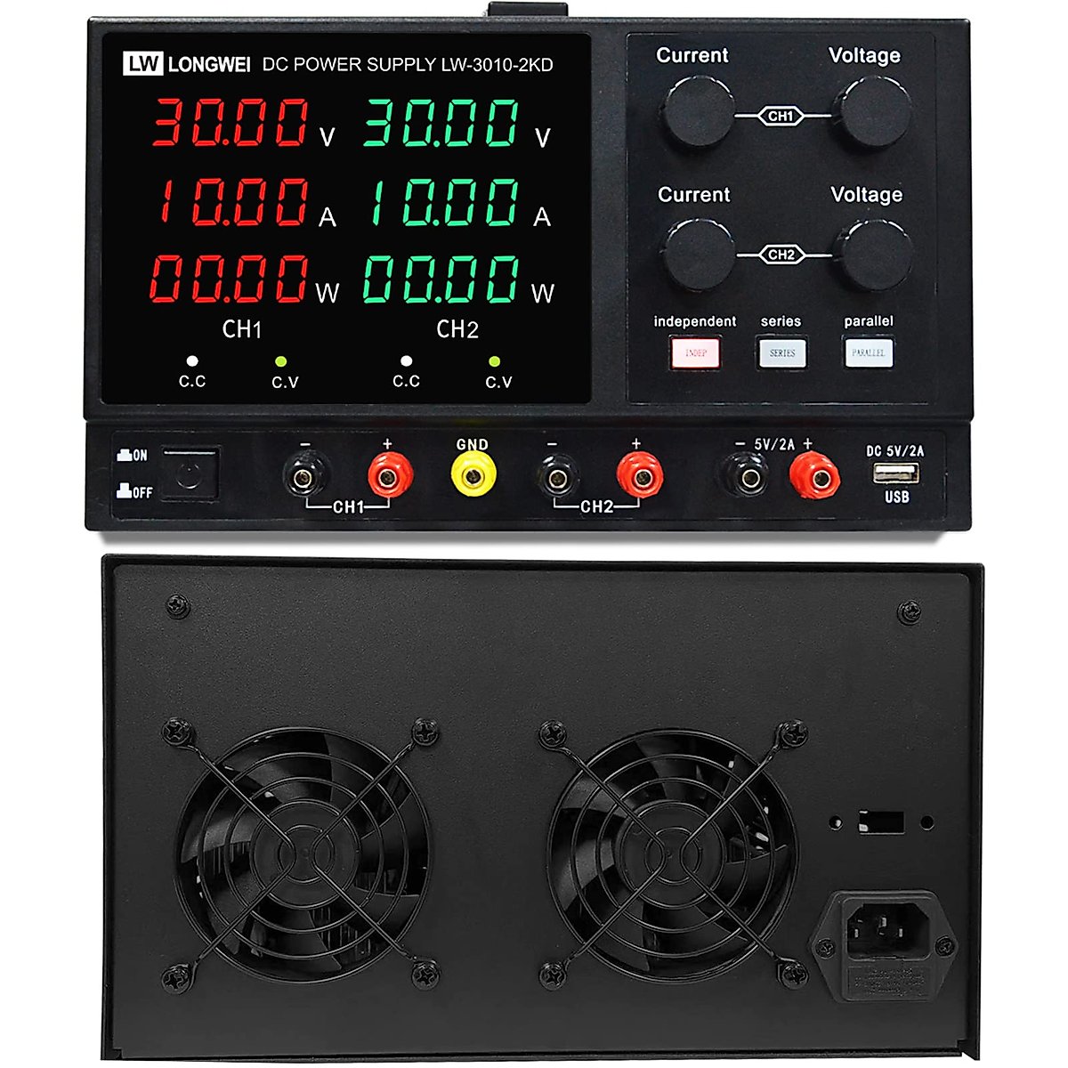 LWLONGWEI DC Power Supply Variable,4 Channels 30V 10A 2 * 300W Adjustable Switching Regulated DC Bench Power Supply with 4-Digits LED Power Display 5V/2A USB/DC Output Black