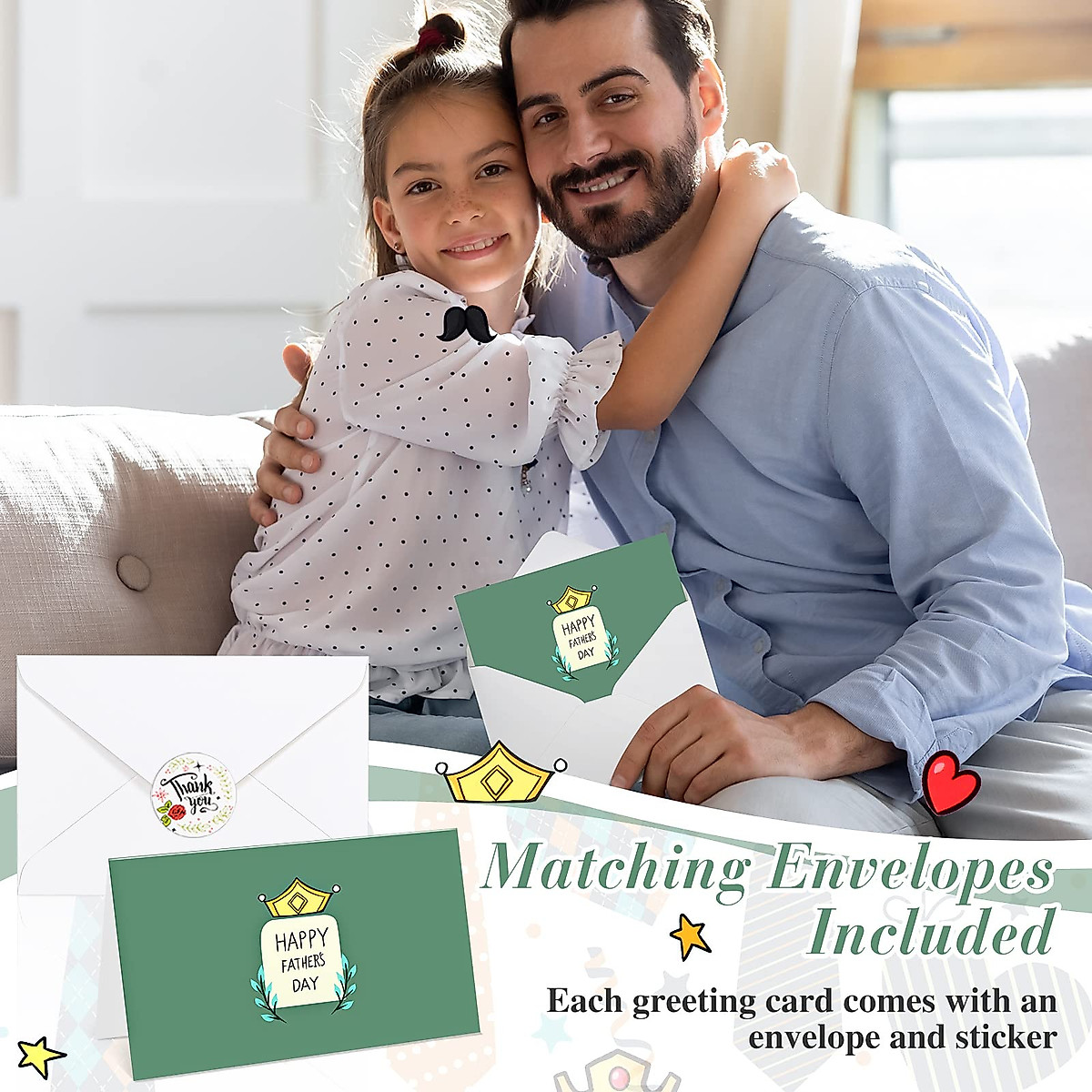 Faccito 24 Sets Father's Day Card with Envelopes Stickers 6 x 4 Inch 6 Assorted Happy Father's Day Note Card Birthday Card Father Greeting Cards for Father's Day Birthday Gifts