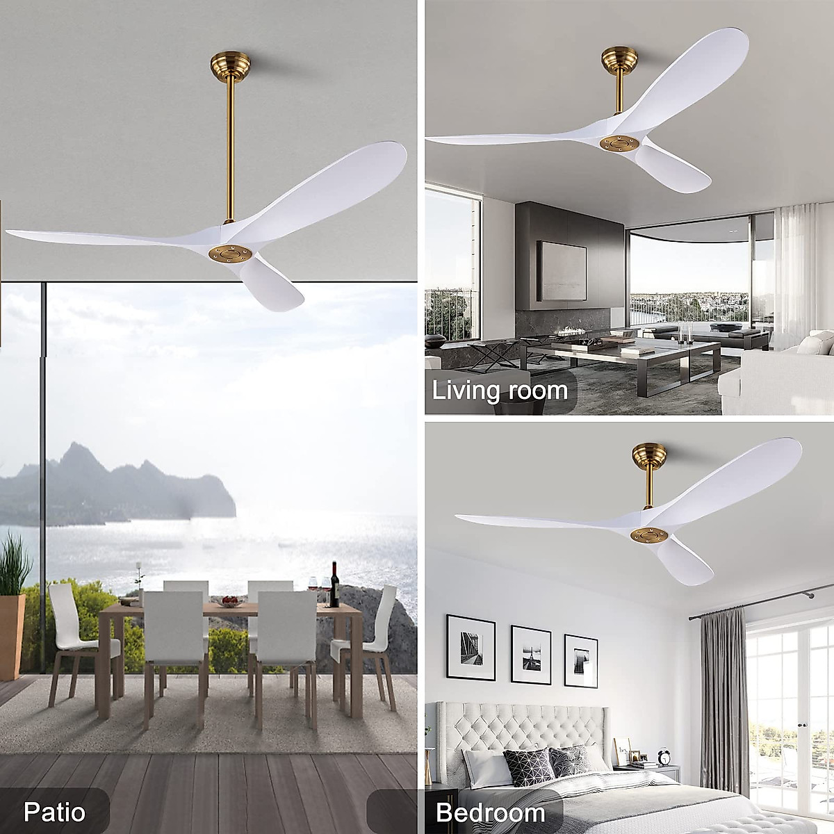 QUTWOB 60" Ceiling Fan with Remote Control No Lights,Modern Reversible DC Motor Indoor Outdoor 3 Blades Ceiling Fans for Patio Bedroom Living Room(Gold+White)