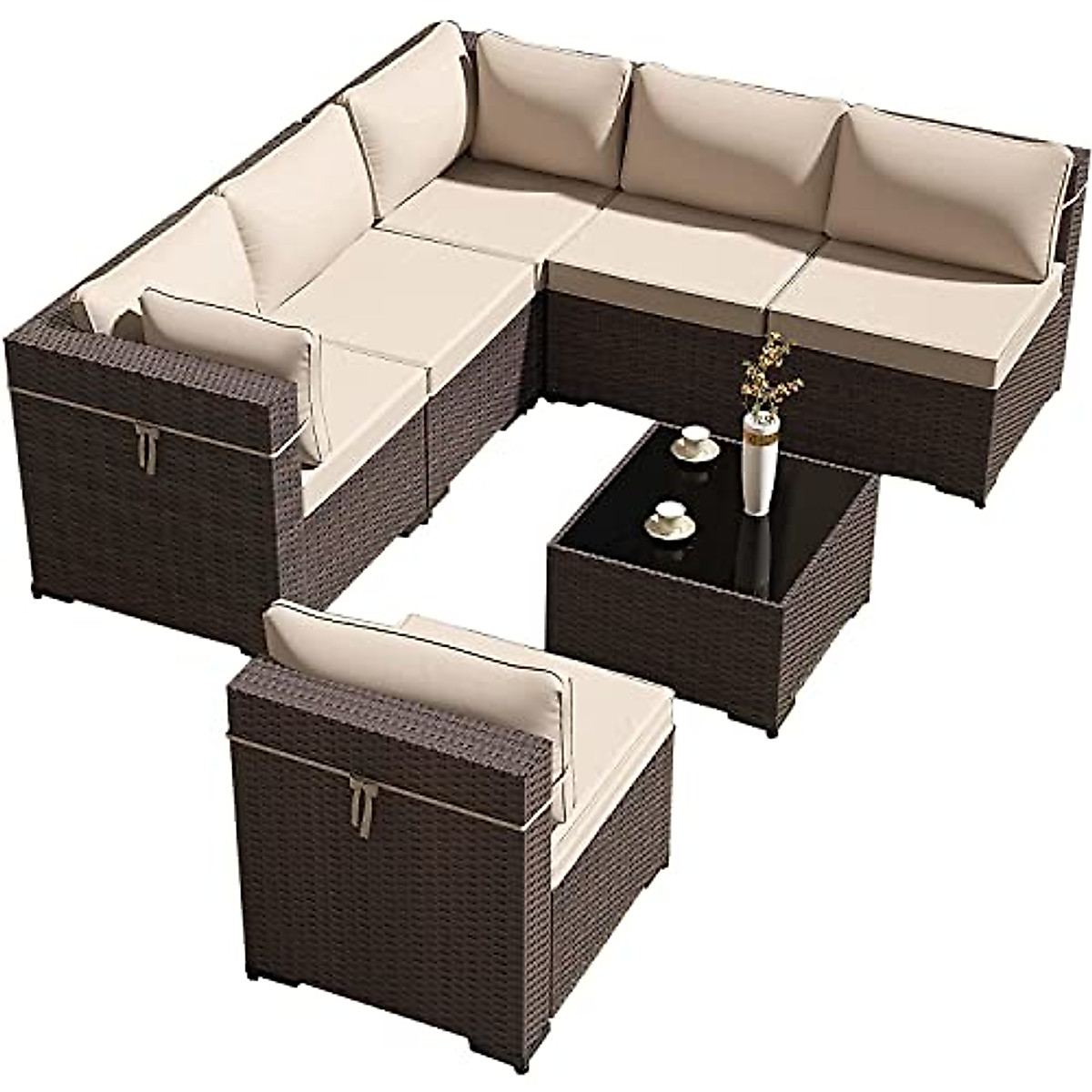 Outdoor Patio Furniture Set 7 Pieces Sectional Rattan Sofa Set Manual Wicker Patio Conversation Set111
