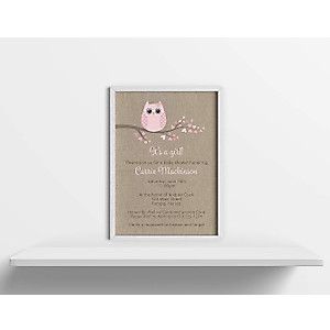 Owl Baby Shower Invitations Baby Girl Pink Burlap Kraft Country Shabby Chic Barn Hoot Custom Printed Invites (12 Count)