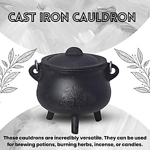 SOUL STICKS Reusable 6 Cast Iron Cauldron with Lid and Hanging Handle for Spell Casting, Smudging, Ritual & Blessings Pot Belly Witchcraft (Tree of Life)