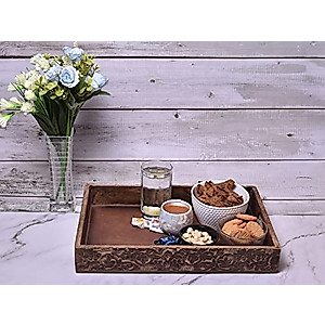 STORE INDYA Hand Carved Wooden Breakfast Serving Tray with Handle for Breakfast Tea Snack Dessert | Kitchen Dining Serve-Ware Accessories | 15 x 10 Inches