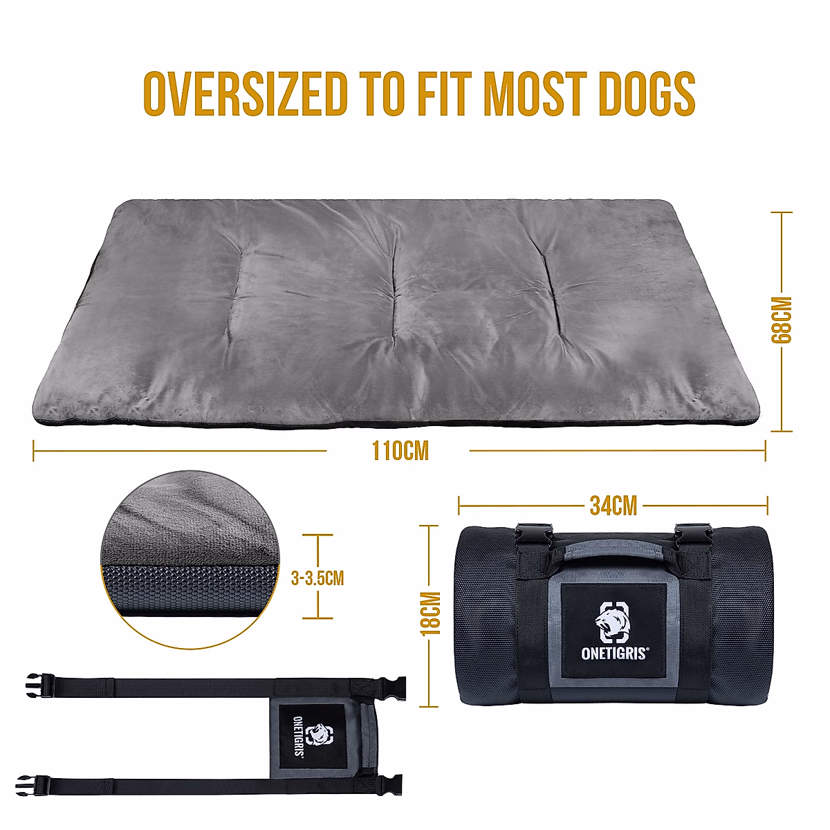 OneTigris Travel Dog Bed - Portable Waterproof Anti-Slip Dog Camping Bed, 3.6ft by 2.2ft Outdoor Indoor Mat Cushioned Plush Warm Puppy Mattresses