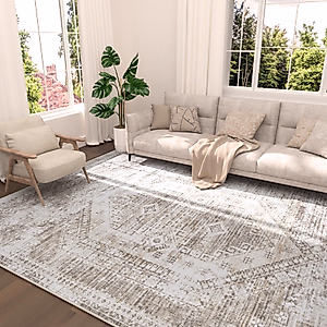 8x10 Area Rugs for Living Room Washable Rug Vintage: Large Rugs for Dining Room Bedroom Retro Carpet Farmhouse Non Slip Low Pile Area Rug 8 by 10 Indoor - Beige/Ivory