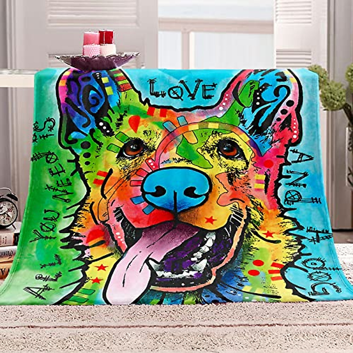 Tupmnbry Colorful German Shepherd Throw Blanket Cute Dog Printed Blanket Super Soft Flannel Throw Blanket Lightweight Fluffy Plush Fuzzy Bed Blanket for Cute Pet 60"X80"