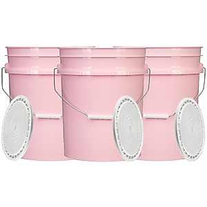 House Naturals 5 Gallon Pink Food Grade Plastic Storage Bucket with Lid Cover (Pack of 3) Made in USA (with White Easy Open Close Lids)