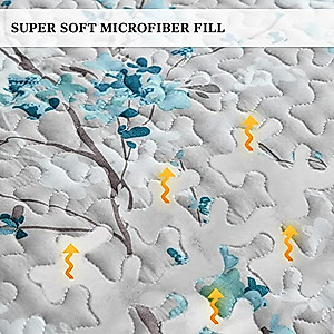 FlySheep Botanical Quilt Set Full Queen Size, 3 Pieces Grey and Aqua Elegant Floral Printed Summer Bedding Set, Soft Microfiber Lightweight Bedspread/Coverlet for All Season - 92"x90"