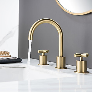 MR. FAUCET 2 Cross-Handle Gold Bathroom Sink Faucets with Waste Drain for 3 Hole 4-16 inch Deck Sink, Solid Brass Brushed Gold