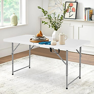 Folding Table, 4 FT Heavy Duty Plastic Foldable Table with Carrying Handle, Adjustable Height Portable Party Tables for Garden Party Picnic Camping BBQ Dining Kitchen Wedding Market Events