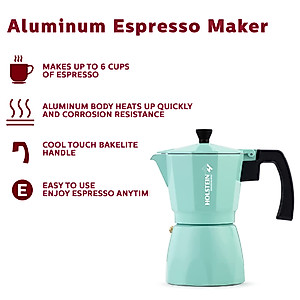 Holstein Housewares - 6 Cup Aluminum Stovetop Espresso Maker and Moka Pot - Great Tasting Traditional Espresso Coffee, Italian and Cuban Café Brewing in Minutes, Mint