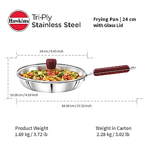 HAWKINS Triply 3 mm Stainless Steel Frying Pan 26 cm with Lid, 1 LTR, Silver (SSF26G)
