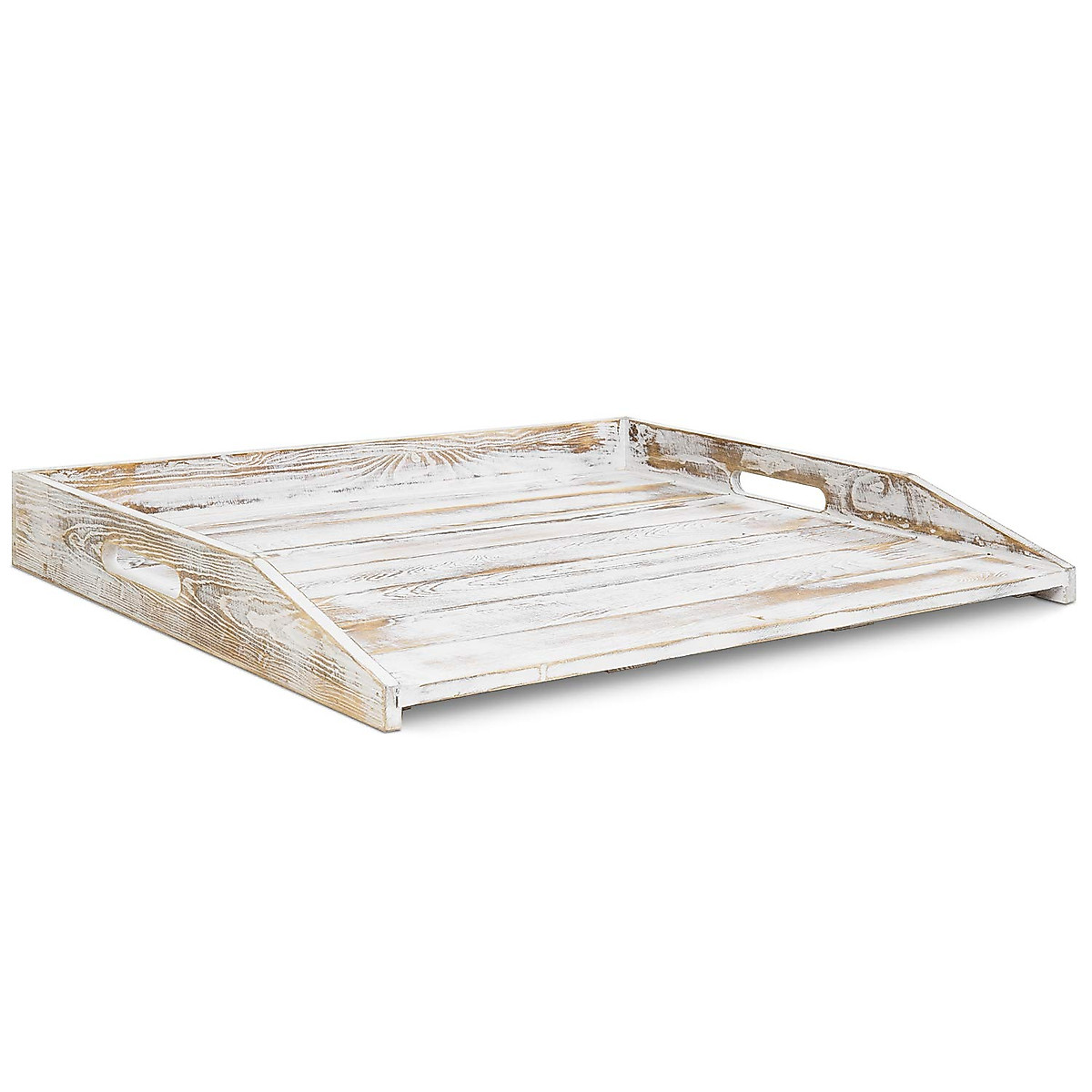MyGift 30 Inch Extra Large Noodle Board, Shabby White Washed Solid Wood Stove Top Cover with Cutout Handles, Decorative Oversized Kitchen Countertop Serving Tray