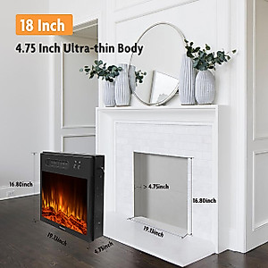 MOCIFI 18 inch Built-in Electric Fireplace Insert Heater, Recessed Freestanding Fireplace, Remote Control, Touch Screen, Adjustable Flame Brightness Speed, Low Noise, 1000W, Black