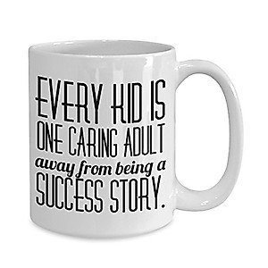 Teacher Mug (15 oz) Every Kid Is One Caring Adult Away From Being a Success Story Mugs With Quotes by Vitazi Kitchenware, Ceramic Coffee Cup - Gift for Coaches, Teachers, Social Workers (White)
