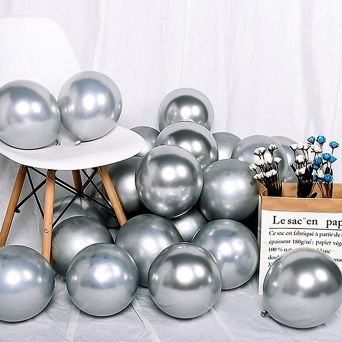 RUBFAC Silver Balloons Latex Party Balloons, 100pcs 12 Inch Silver Balloons for Party Decoration Like Birthday Party, Graduation, Wedding, Baby Shower, Gender Reveal (with Silver Ribbon)
